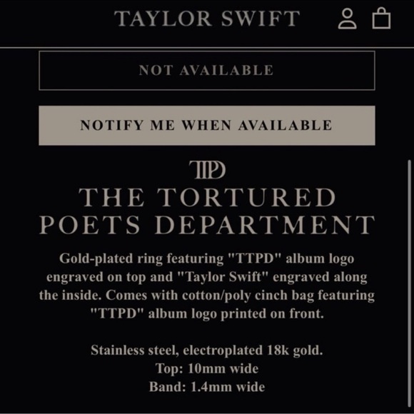 Taylor Swift | Jewelry | Size 7 Ttpd Ring 8k Gold Plated Taylor Swift ...